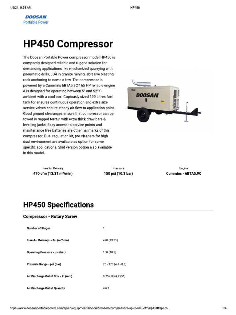 Doosan 450CFM Spec Sheet | PDF