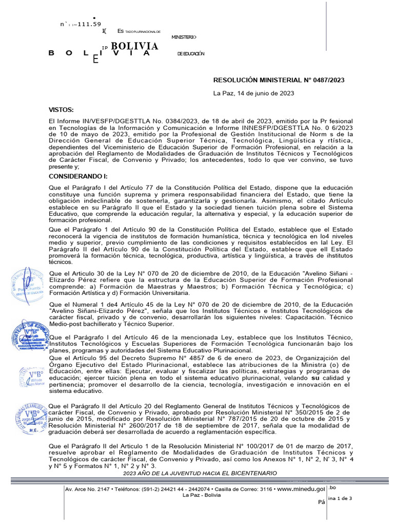 001 RM 487-Reglamento | PDF | Educación más alta | Bolivia