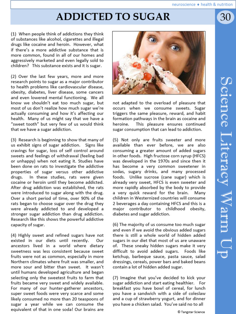 Science Reading Article 30 - Addicted To Sugar | Download Free PDF ...