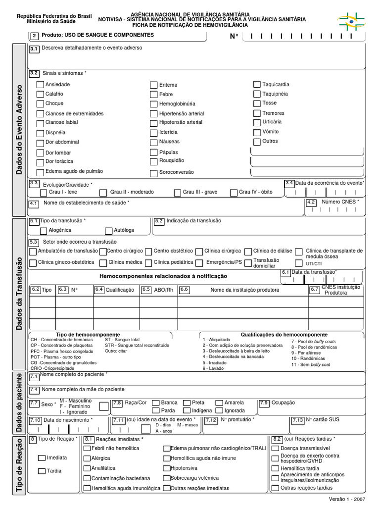 Ficha de Notificacao de Hemovigilancia | PDF | Transfusão de sangue | Medicina Clínica
