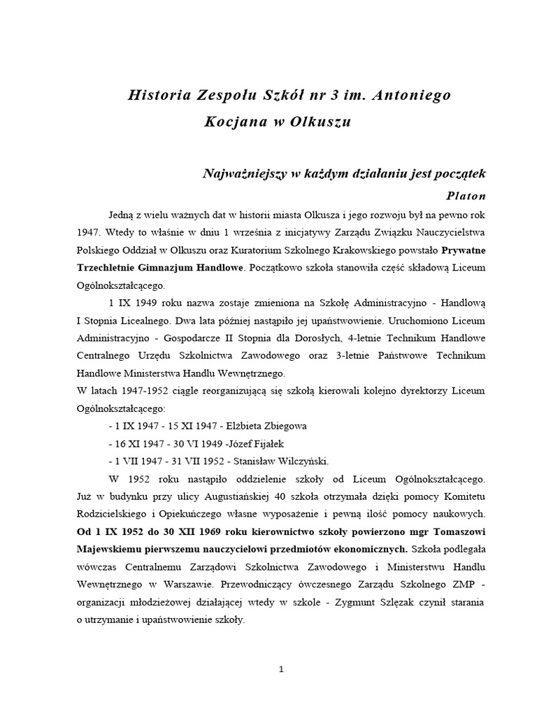 Historia Zespou Szko NR 3 Im Antoniego Kocjana W Olkuszu | PDF