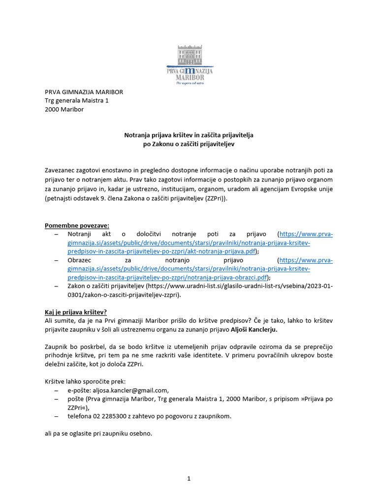 Notranja Prijava Krsitev Predpisov in Zascita Prijavitelja Po Zzpri | PDF