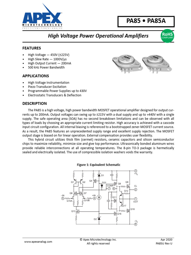 PA85 - PA85A: High Voltage Power Operational Amplifiers | PDF ...