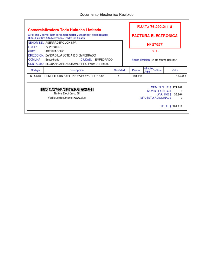 Comercializadora Todo Huincha Limitada R.U.T.: 76.292.211-8 Factura Electronica #57657 | PDF