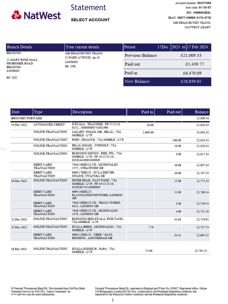 NatWest Account Statement Dec 2023-Feb 2024 | PDF | Debit Card | Banking