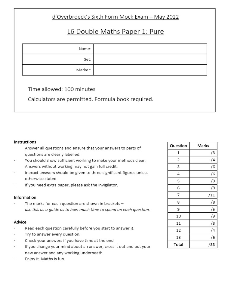 May 2022 L6 DM Paper 1 (Pure) | PDF | Equations | Mathematical Analysis