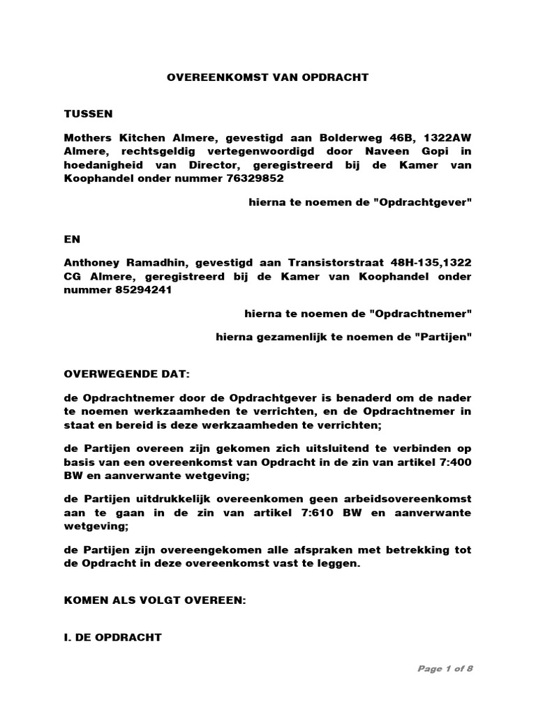 Overeenkomst Van Opdracht | PDF