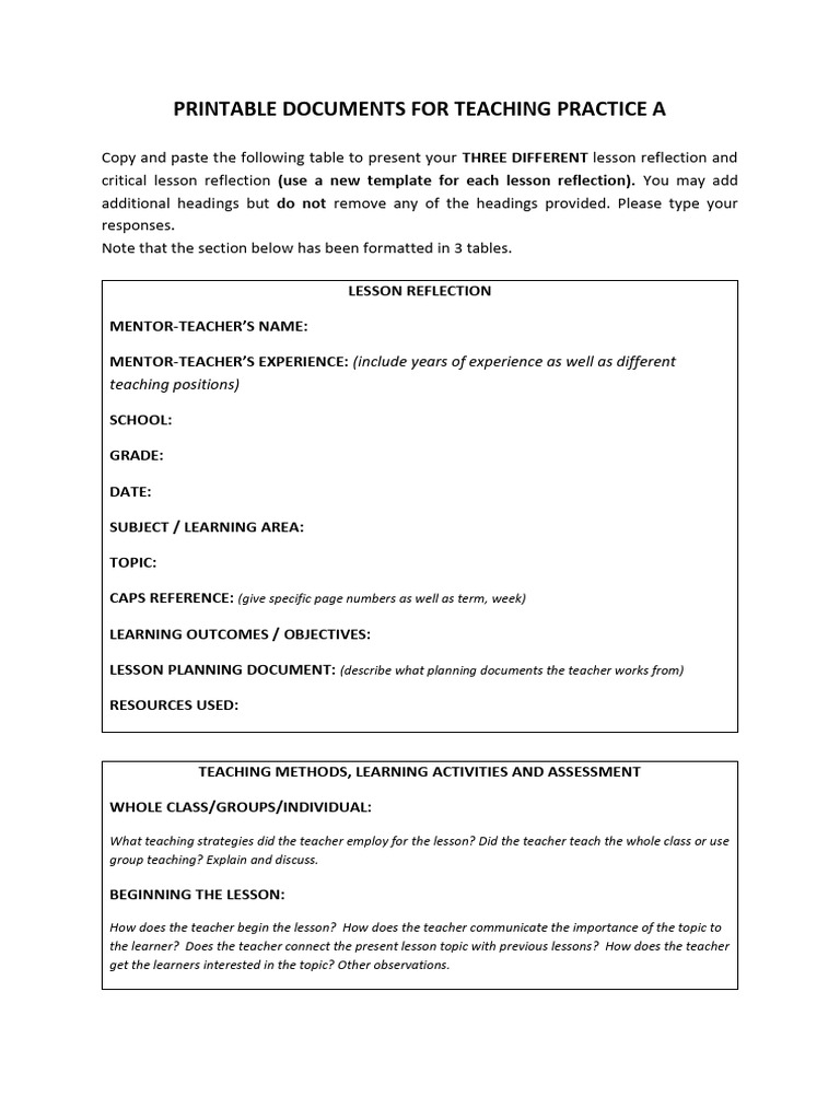 PRINTABLE DOCUMENTS FOR TEACHING PRACTICE A FP 2024 | PDF | Learning | Teachers