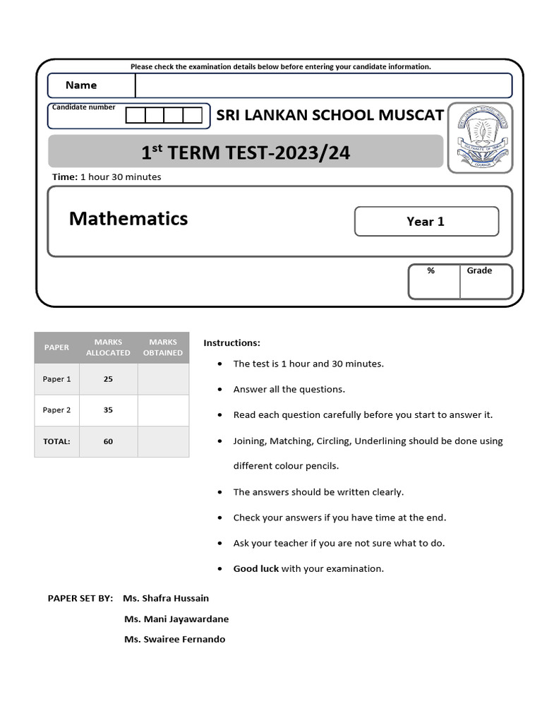 Year 1 Math Exam Instructions | PDF | Mathematics
