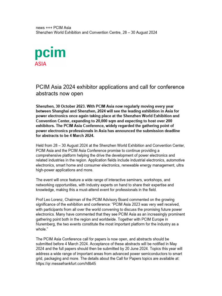 PCIM Asia 2024 Exhibitor Applications and Call For Conference Abstracts ...