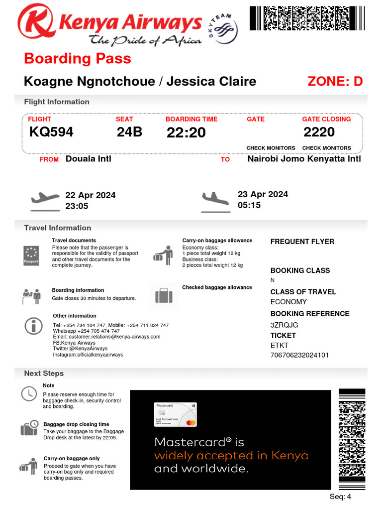 Your Boarding Pass To Johannesburg - KENYA AIRWAYS | PDF | Baggage | Aviation