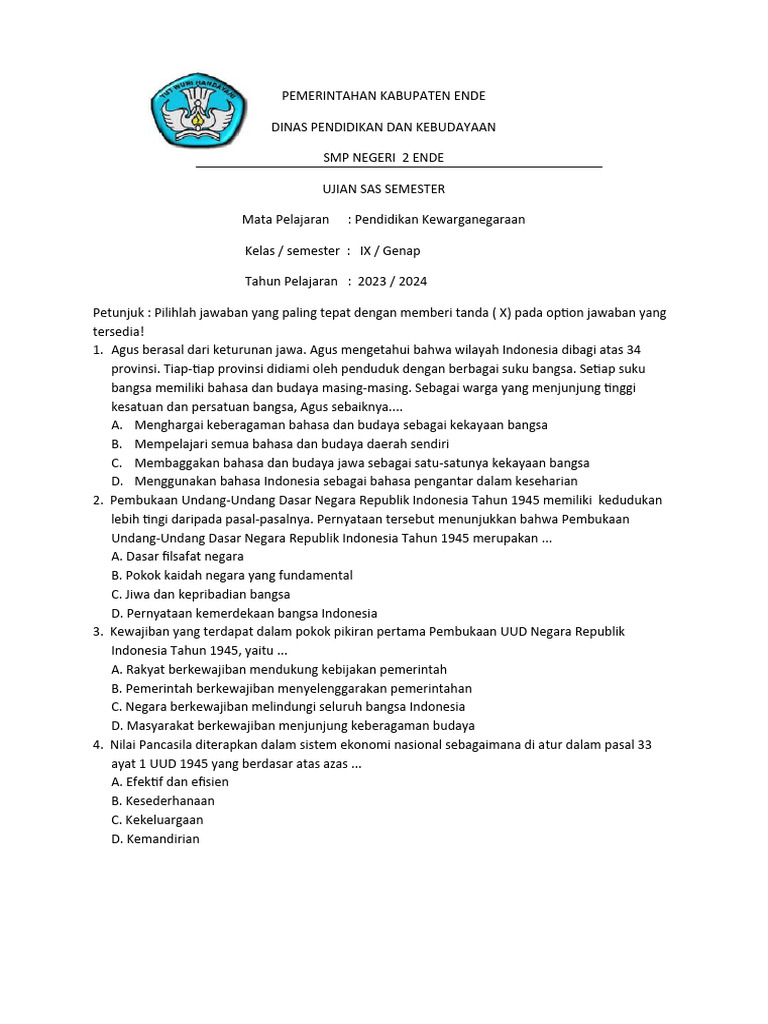 Soal Ujian Akhir PKN Kls 9 | PDF