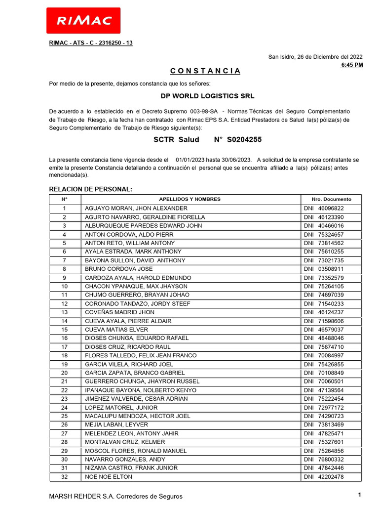 SCTR SALUD - Operaciones Reefer Paita | PDF | Seguro