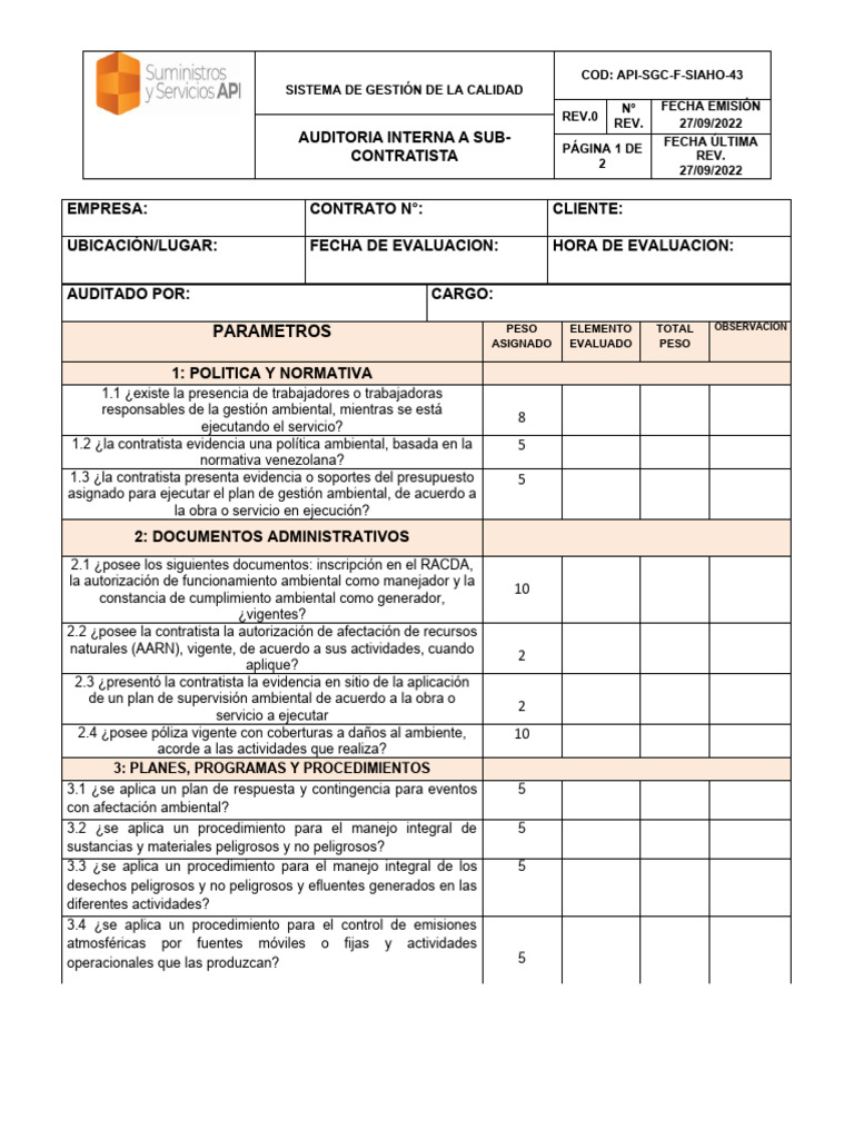 Api-Sgc-F-Siaho-43 Auditoria A Empresa Subcontratista | PDF | Auditoría ...