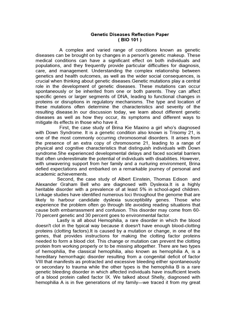 Genetic Diseases Reflection Paper | PDF | Genetic Disorder | Haemophilia