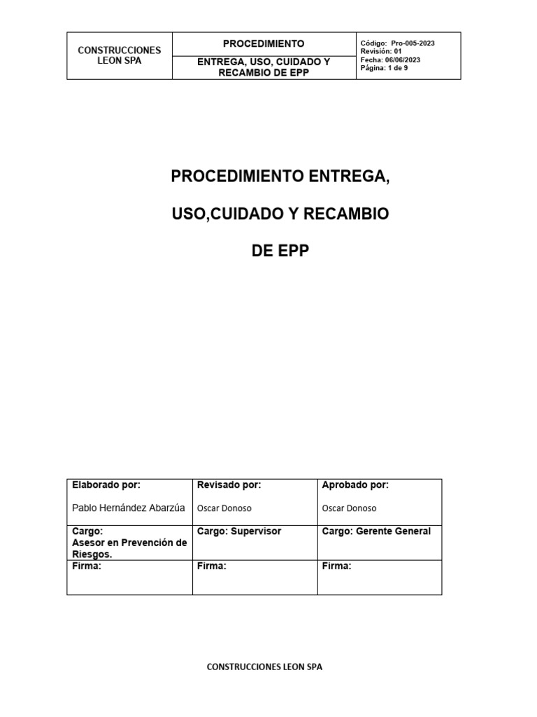 Procedimiento de Entrega, Uso, Cuidado y Recambio de Epp | Descargar gratis PDF | Soldadura ...
