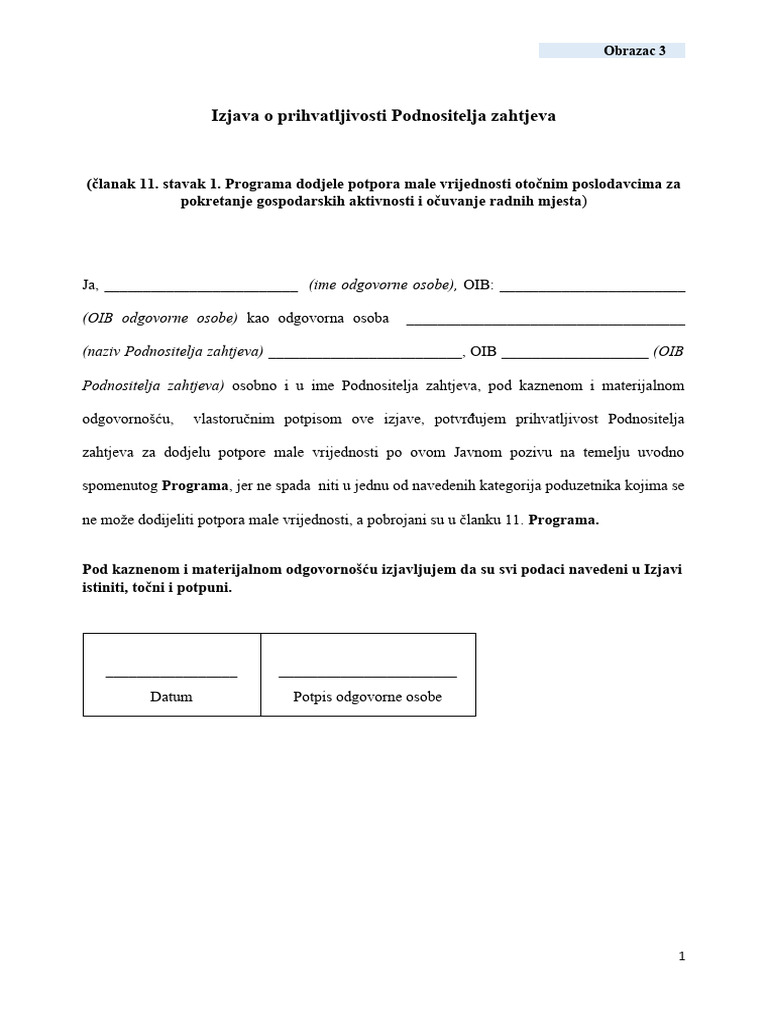 Obrazac 3 - Izjava o Prihvatljivosti Prijavitelja | PDF