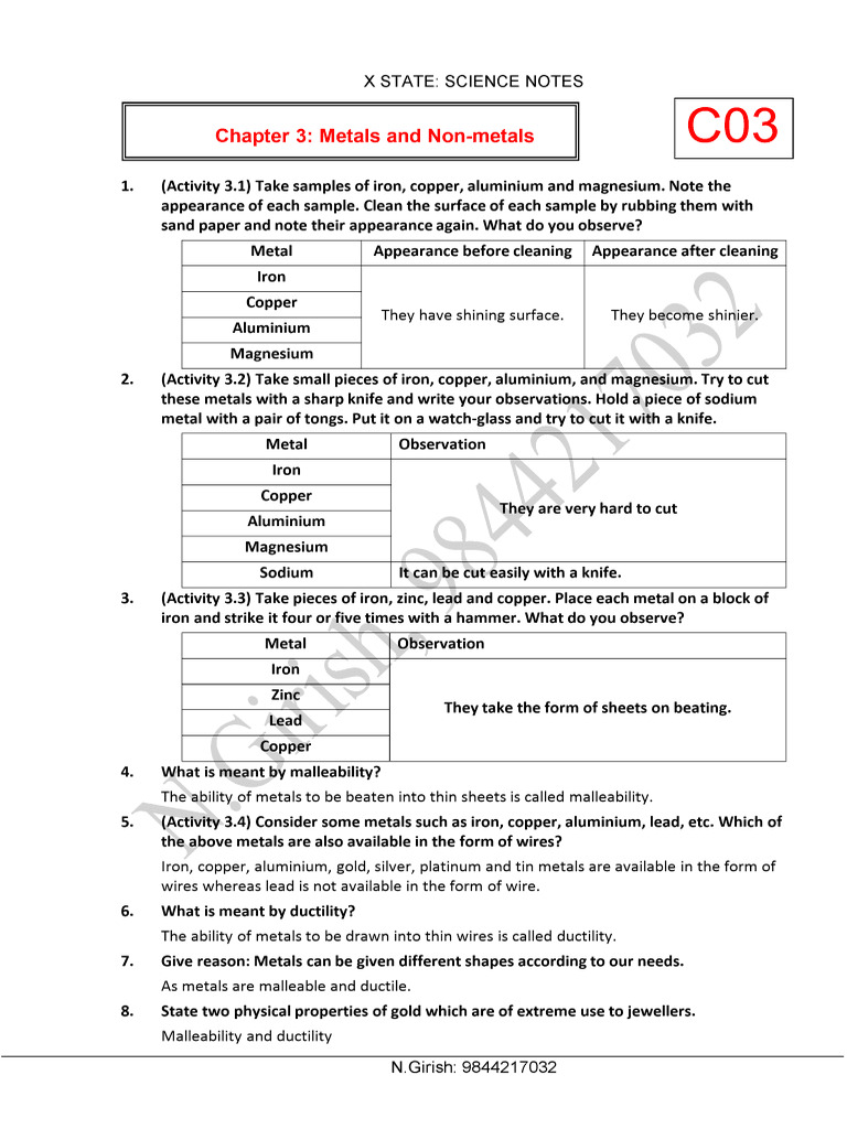 10 Science Chp 03 Metals Notes Stf | PDF
