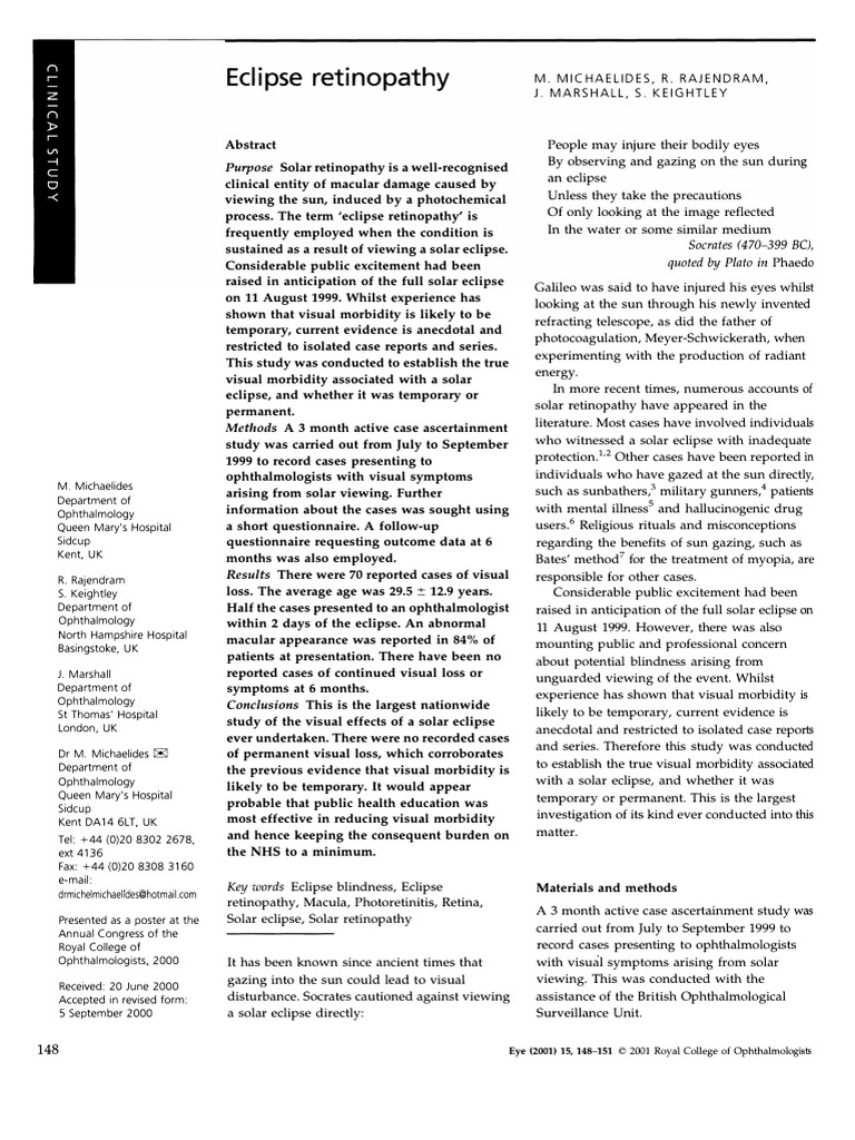 Michaelides. Solar Retinopathy | PDF | Visual Impairment | Solar Eclipse