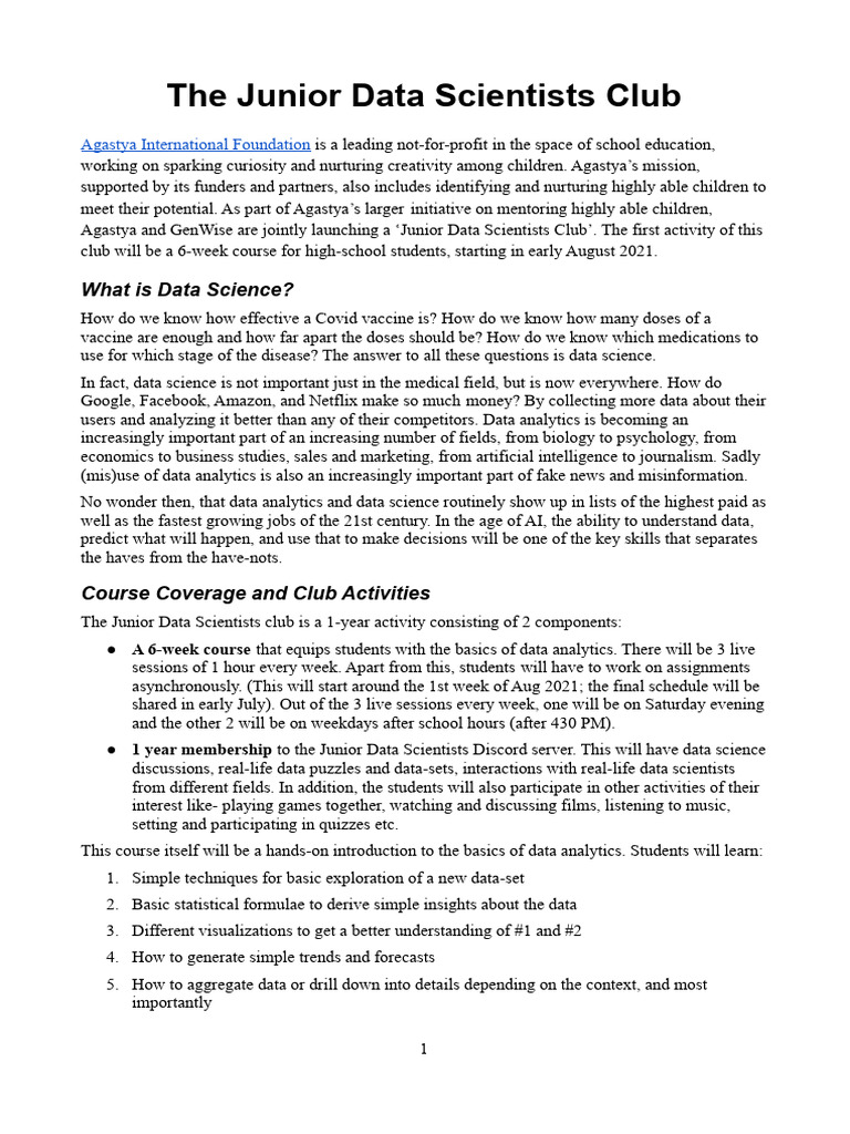 Junior Data Scientists Club | Download Free PDF | Data Science | Artificial Intelligence