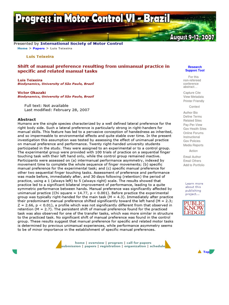 PMC - Shift of Manual Preference With Unimanual Practice (Teixeira & Okazaki 2007) | Download ...