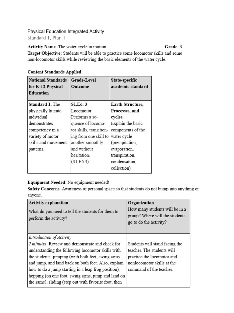 pe lesson plan | PDF | Water Cycle | Animal Locomotion