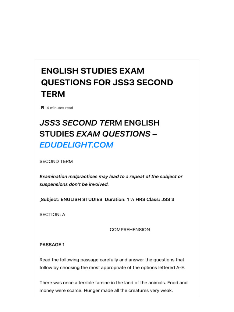 JSS3 English Exam Questions - Second Term | PDF | Africa | Poetry