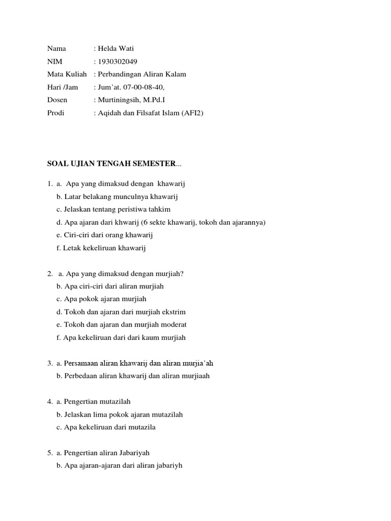 Uts Perbandingan Aliran Kalam, Helda Wati. | PDF | Ilmu Sosial