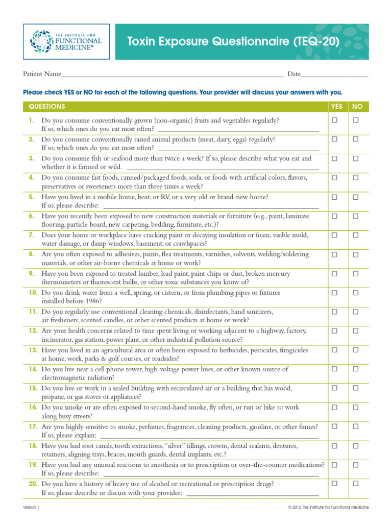 Toxin Exposure Questionnaire (TEQ-20) | PDF | Paint | Foods