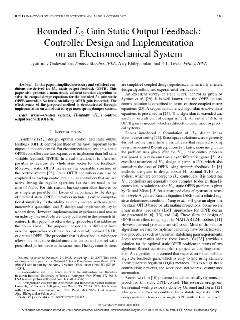 Bounded L 2 Gain Static Output Feedback Controller Design And Implementation On An
