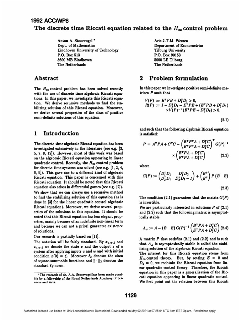 The Discrete Time Riccati Equation Related To The H Control Problem ...
