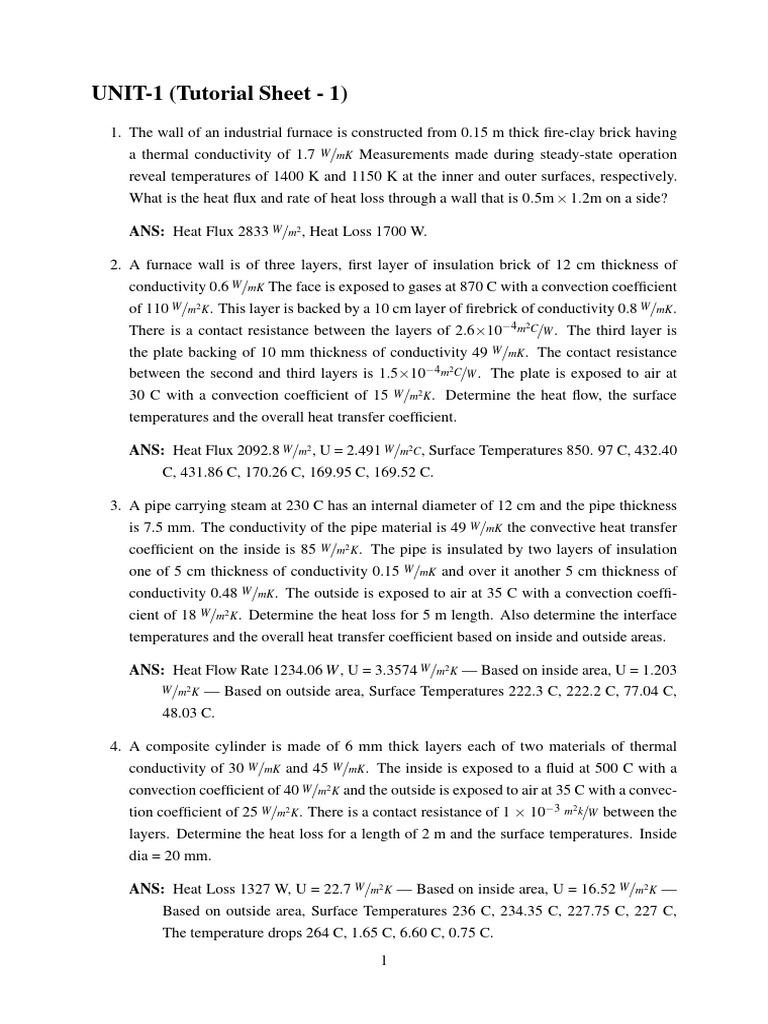 UNIT 1 Tutorial Sheet 1 | PDF | Heat Transfer | Thermal Insulation UNIT 1 Tutorial Sheet 1 | PDF | Heat Transfer | Thermal Insulation