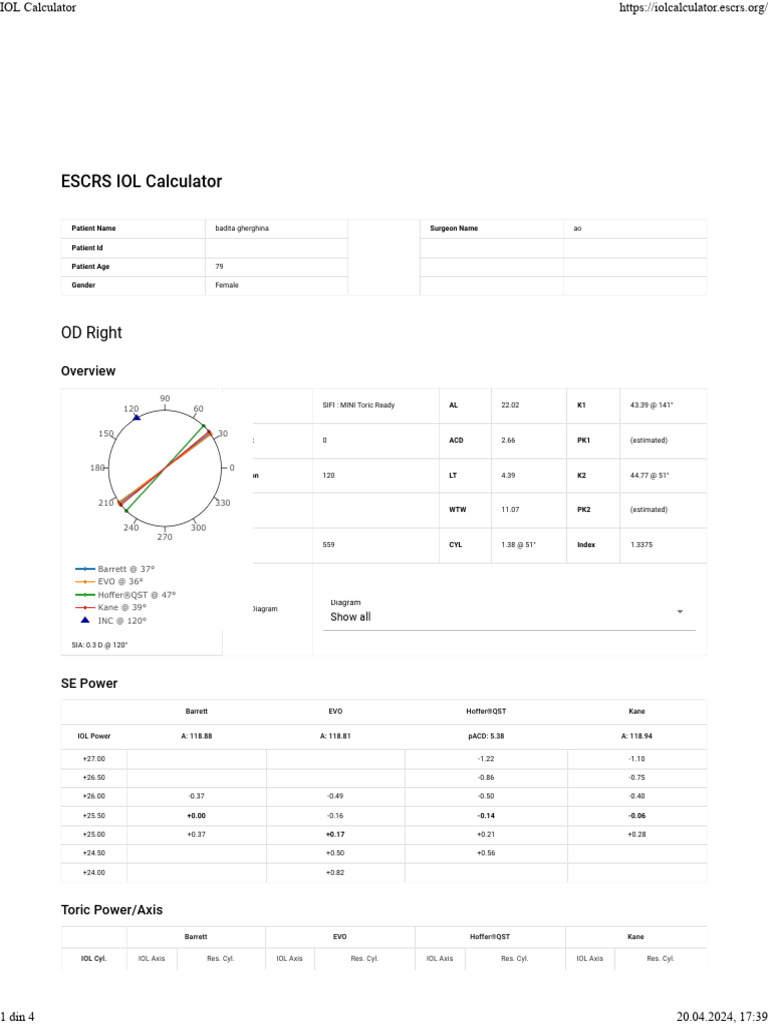 ESCRS IOL Calculator: OD Right | PDF | Surgery | Human Eye