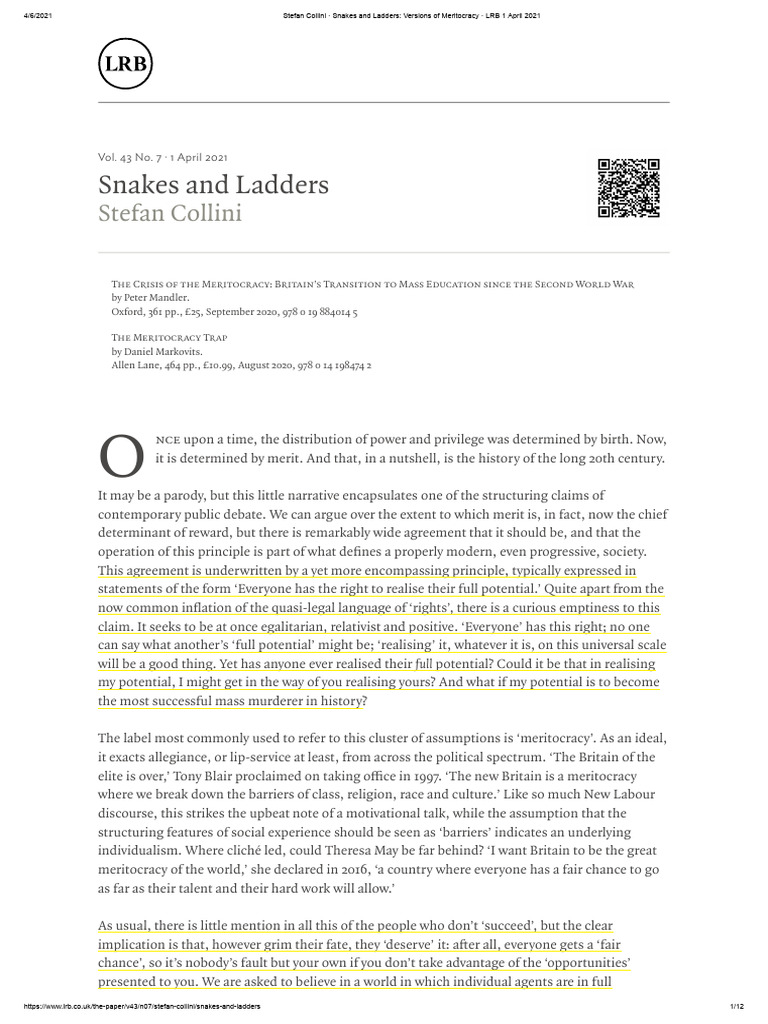 Stefan Collini Snakes and Ladders - Versions of Meritocracy LRB 1 April ...