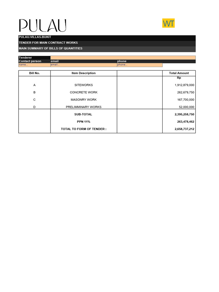 Pulau Villas Bukit Tender Summary | PDF | Building Technology | Building Materials