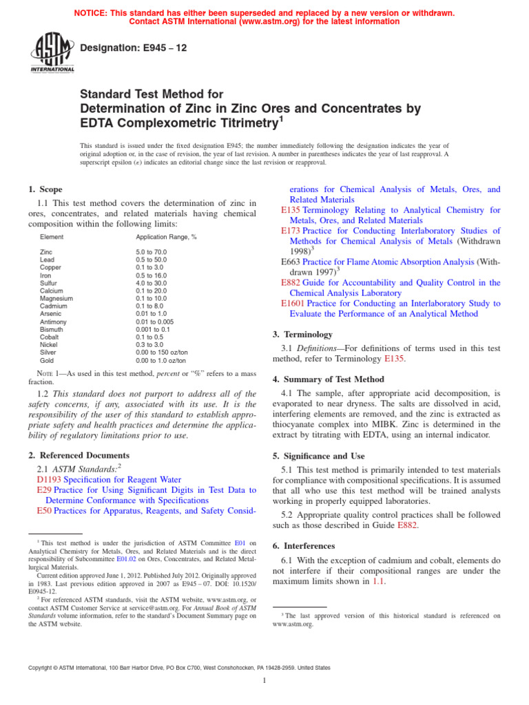 E945 Standard Test Method For Determination Of Zinc In Zinc Ores And Concentrates By Edta