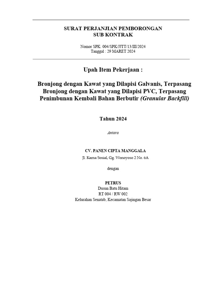 SPK Pekerjaan Bronjong Aruk | PDF | Teknologi & Rekayasa