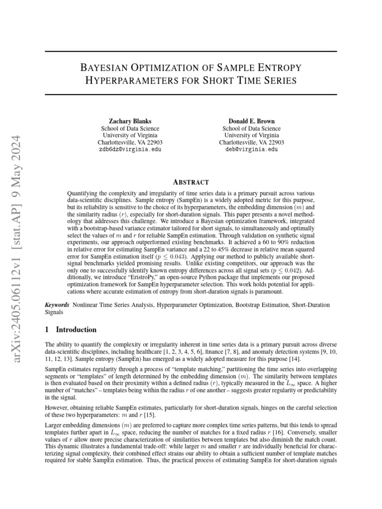 Bayesian Optimization of Sample Entropy Hyperparameters For Short Time Series | Download Free ...