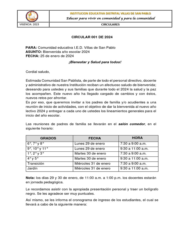 CIRCULAR 001 - Bienvenida Año Escolar 2024 | PDF | Escuelas