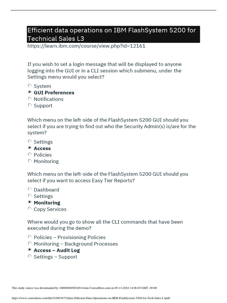 Quiz Efficient Data Operartions On IBM FlashSystem 5200 For Tech Sales L3 PDF | PDF