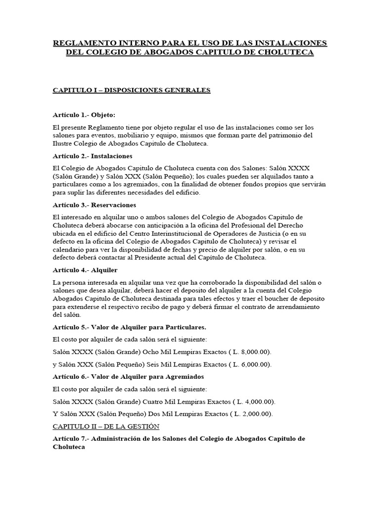 REGLAMENTO INTERNO PARA EL USO DE LAS INSTALACIONES DEL COLEGIO DE ...