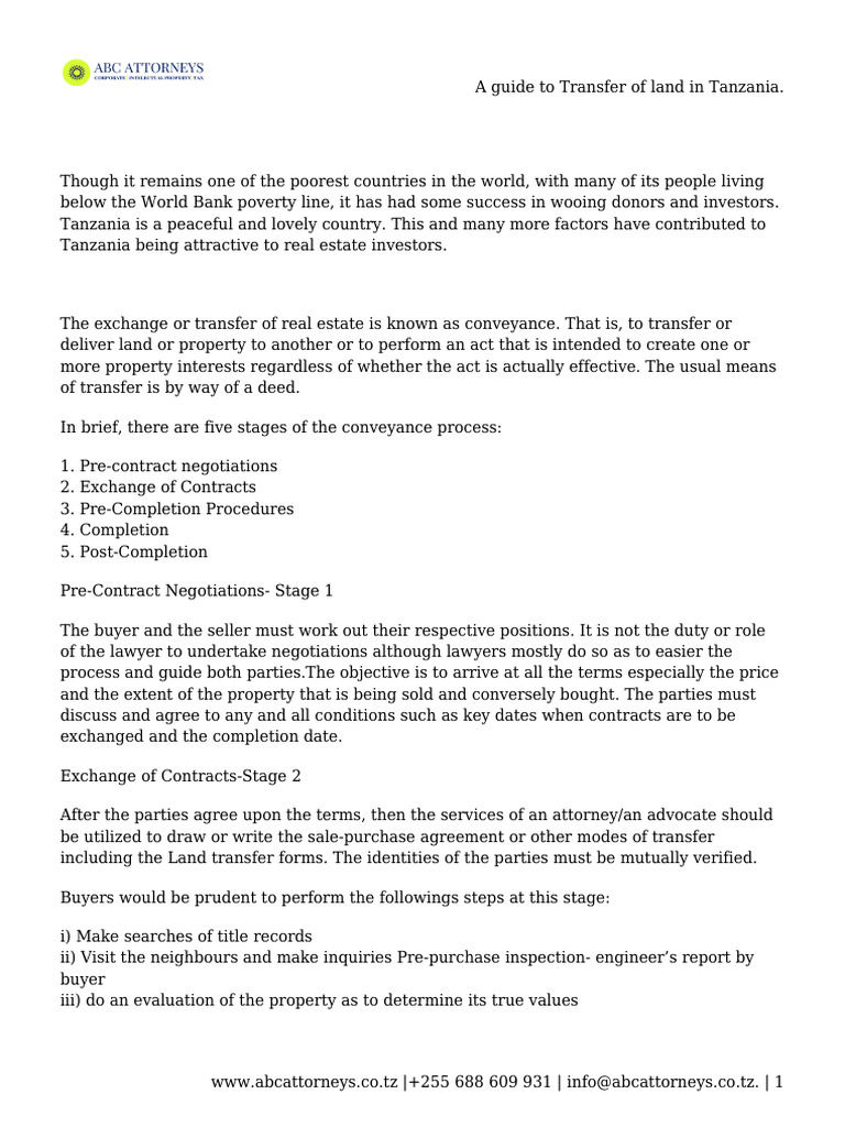 A Guide To Transfer of Land in Tanzania. | PDF | Conveyancing | Mortgages