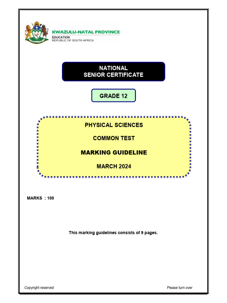 Grade 12 KZN Physical Sciences March 2024 Marking Guideline | PDF ...