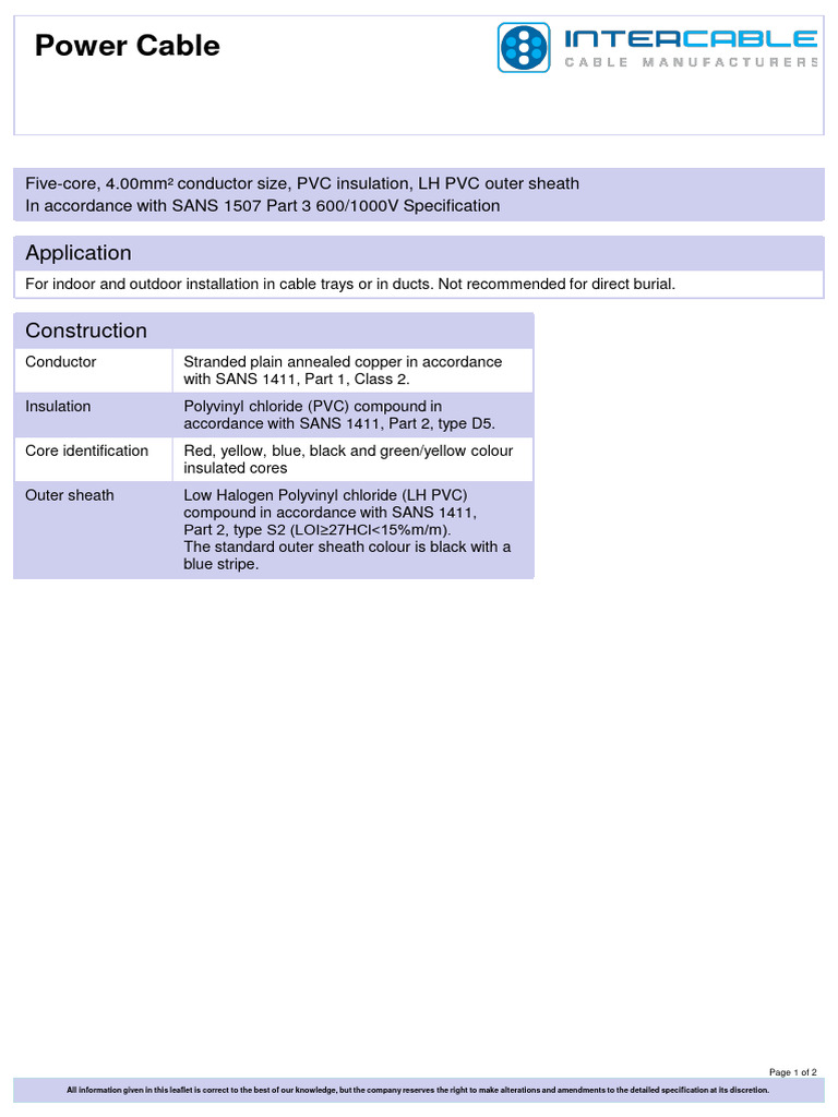 Data Sheet 4mm X 5 Crs PVC-LH PVC Un-Arm (4.00mm ) - Power Cable | PDF | Polyvinyl Chloride | Wire