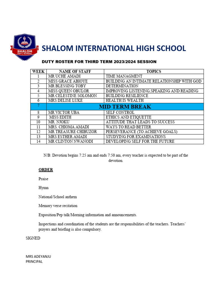 Teacher Duty Roster 2023/2024 | PDF | Career & Growth | Wellness