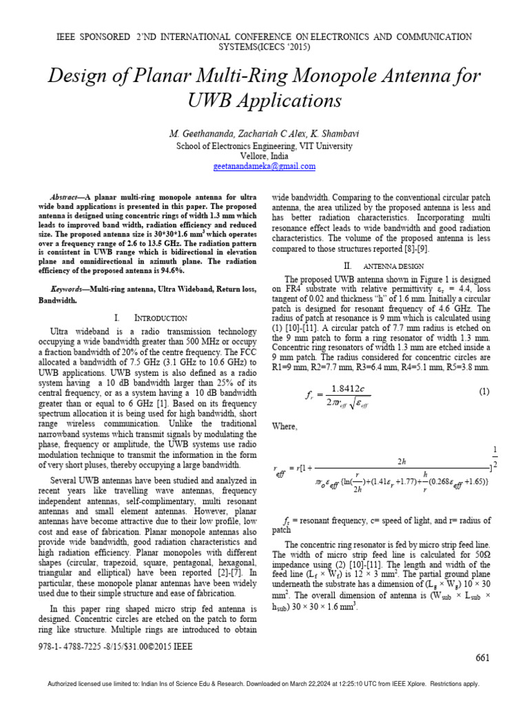 Design of Planar Multi-Ring Monopole Antenna For UWB Applications | PDF ...