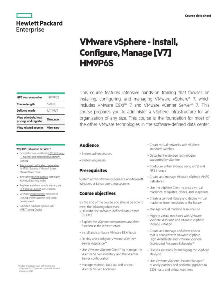 Vmware Vsphere - Install, Configure, Manage (V7) Hm9P6S: Audience | PDF | Server (Computing) | V ...