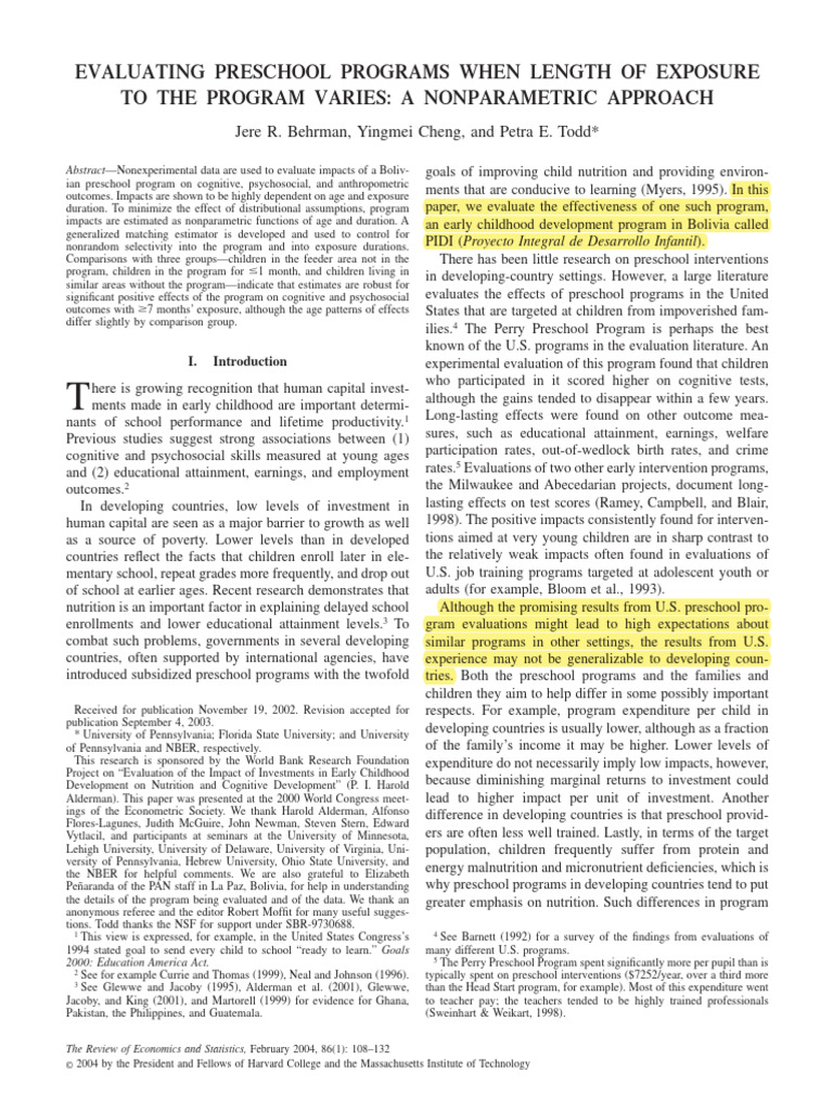 Behrman Et Al. (Restat, 2004) Evaluating Preschool Programs When Lenght ...