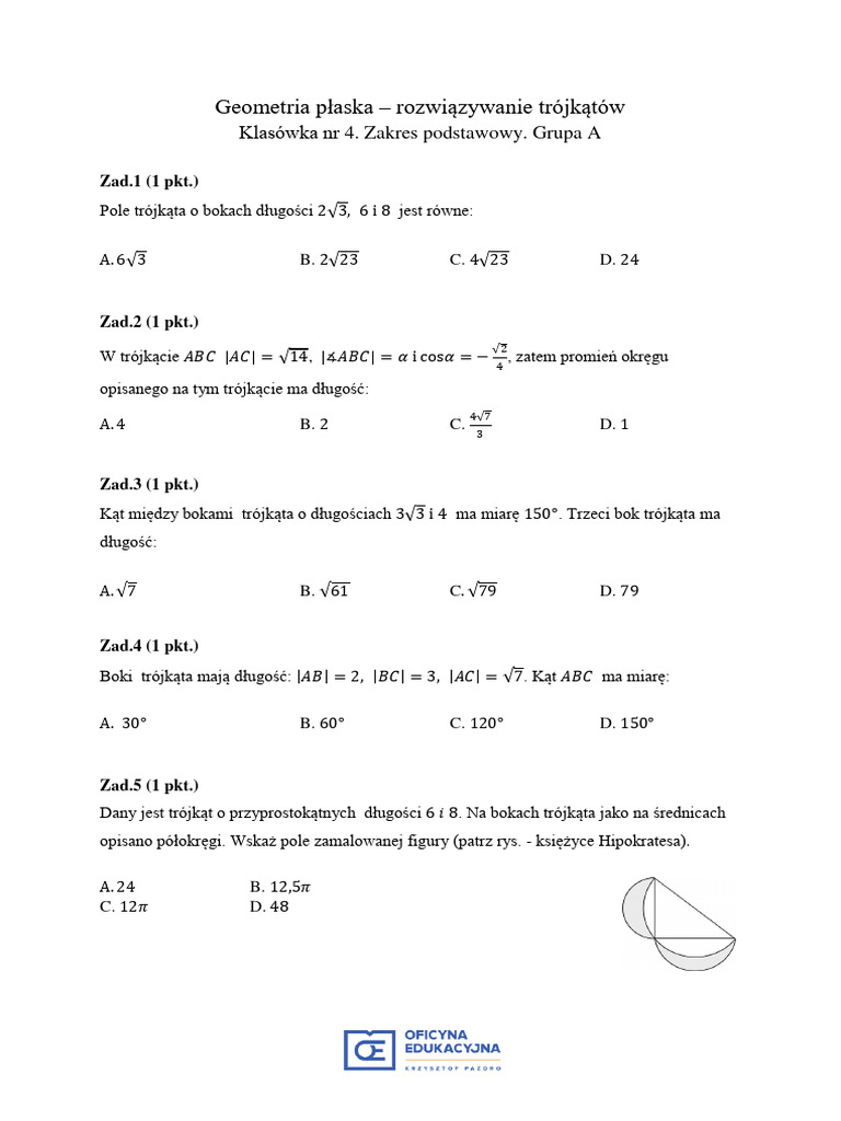 2019 4 Klasowka kl2 Geometria Rozw Trojkatow ZP Ab Wer4 | PDF