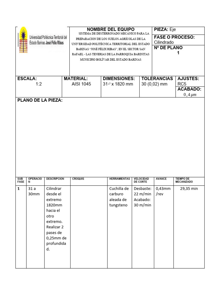 Hoja de Procesos Eje | PDF | Perforar | Mecanizado